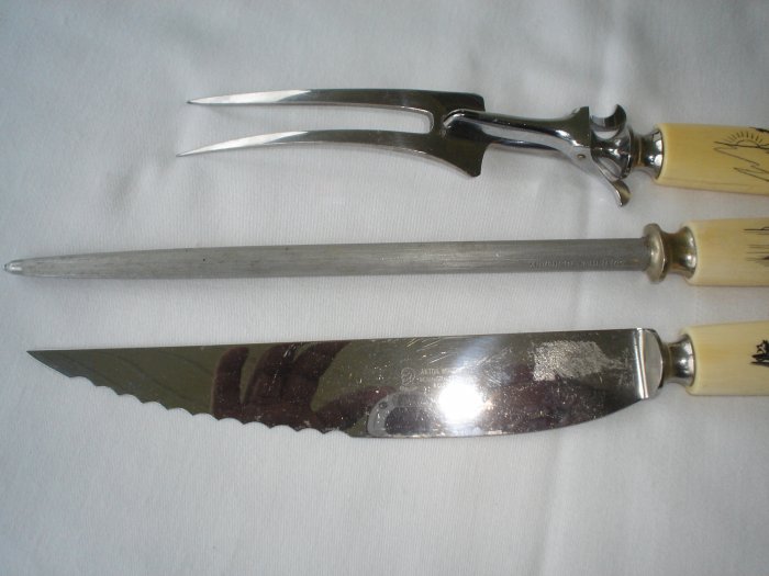Ivory handled Carving set knife fork sharpner Nuguruk Scrimshaw