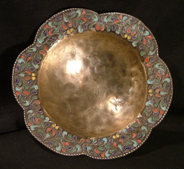Silver & Cloisonné Footed Dish, Pie Crust Rim c.1940