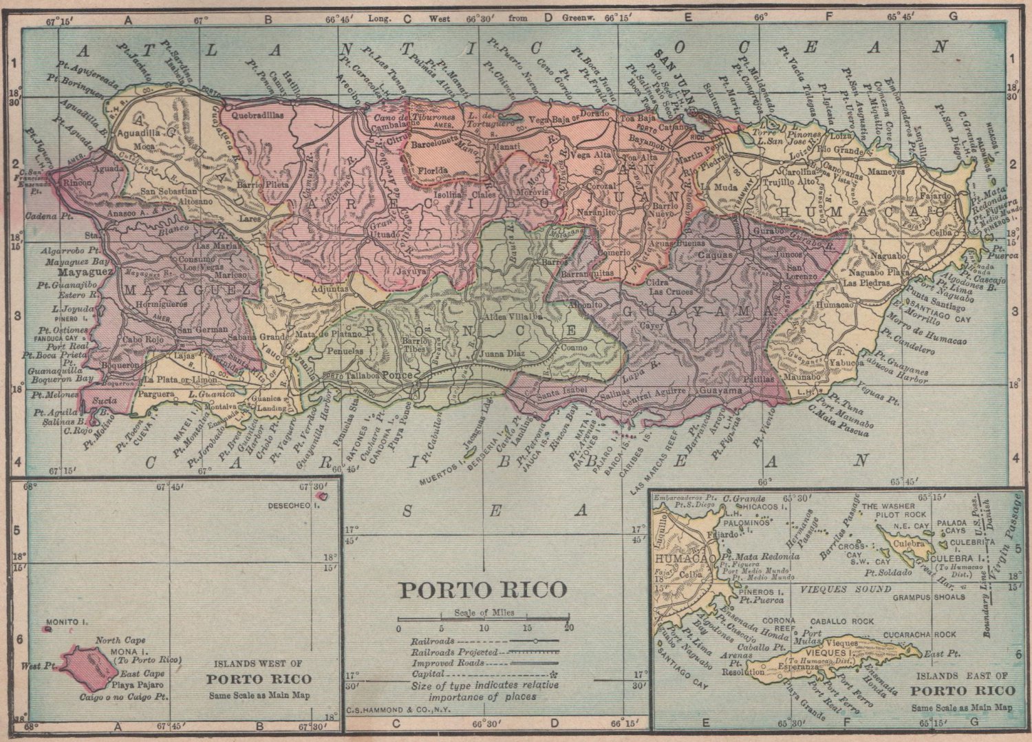 Map of Porto Rico/Puerto Rico, Full Color, C.S. Hammond & Co. Atlas c.1910