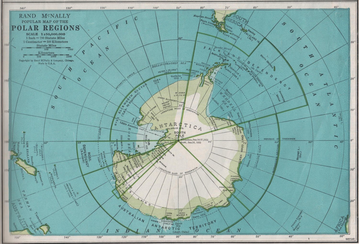 Polar Regions Map, Rand McNally Collier's World Atlas c.1949