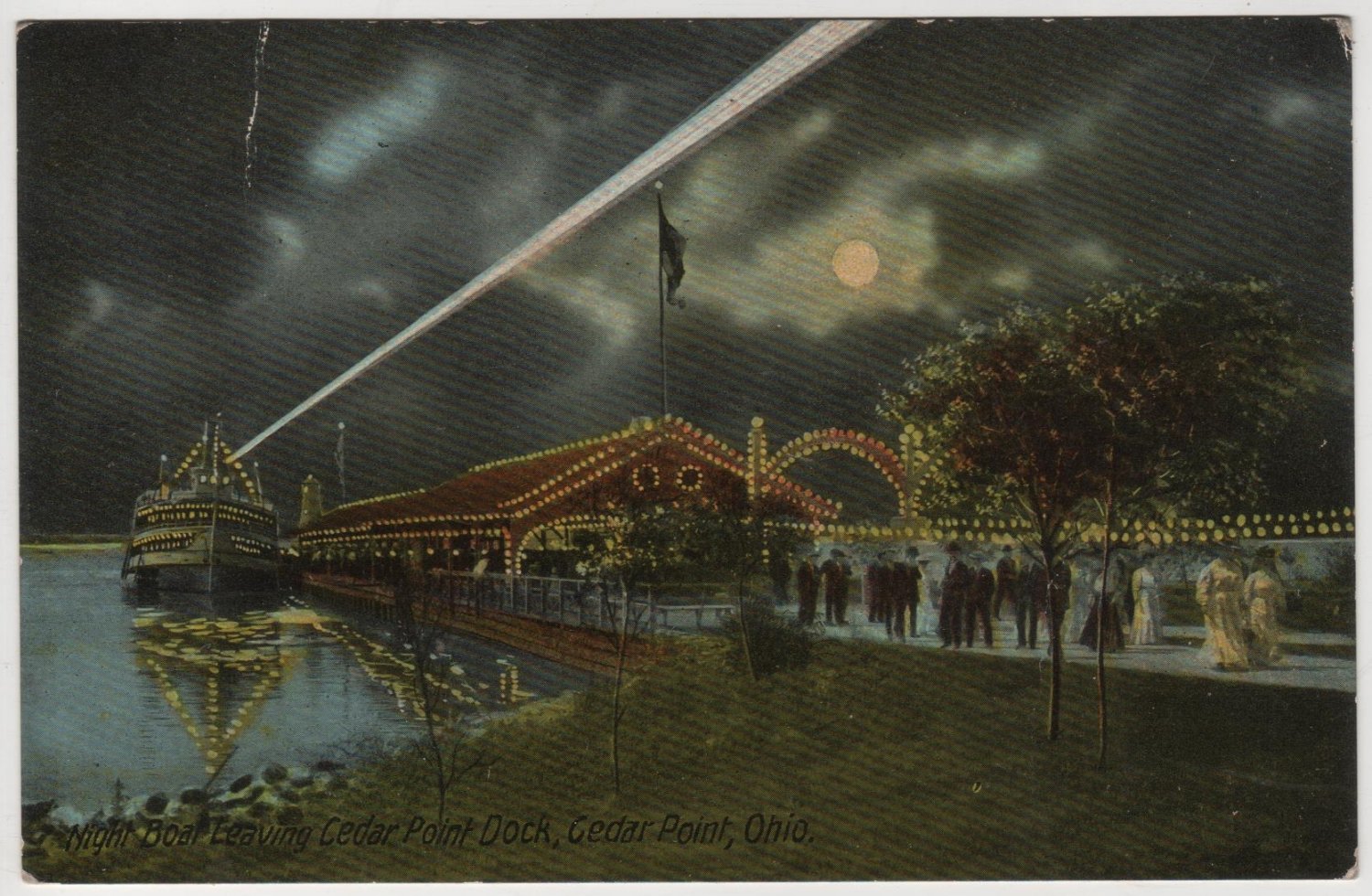 Cedar Point Ohio Postcard, Night Boat Leaving Dock c.1919