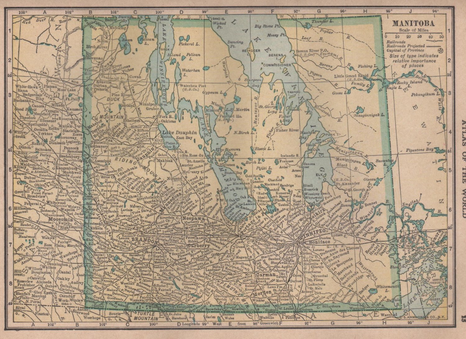 Map of Manitoba Canada, C.S. Hammond Atlas c.1910