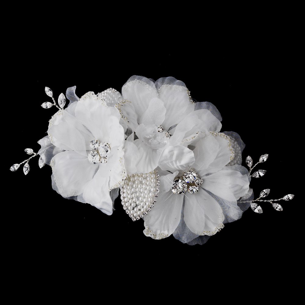 Ivory Flower Wedding Bridal Hair Comb With Rhinestone And Pearl Accents