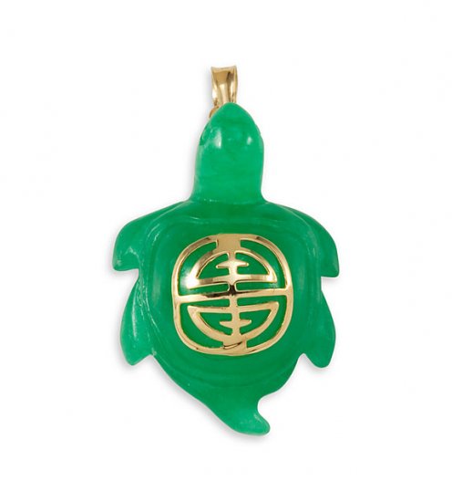 Lucky 14k Gold Natural Green Jade Turtle Pendant