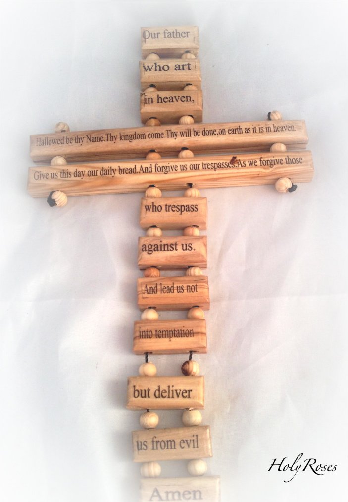 Olive Wood Lord's Prayer Our Father Pater Noster Rope Cross 24 cm