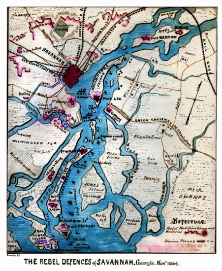 Rebel Defenses of Savannah Georgia November 1864 Civil War map by Sneden