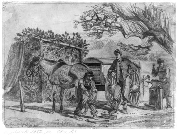 A sketch of two blacksmiths working at a Traveling Forge during the ...