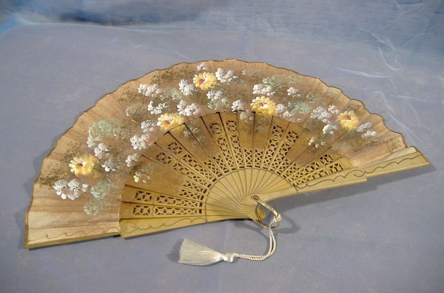 Hand Painted Linen Fan Flowers Antique Vintage Floral Pierced Celluloid