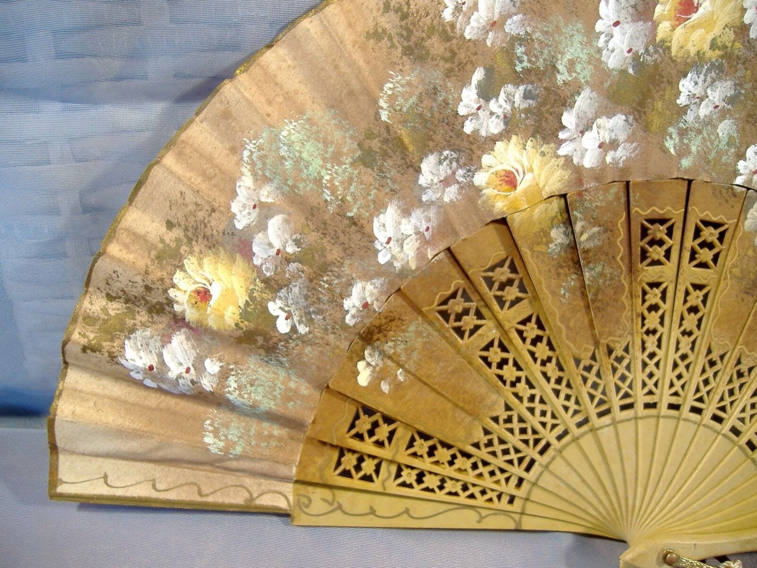 Hand Painted Linen Fan Flowers Antique Vintage Floral Pierced Celluloid