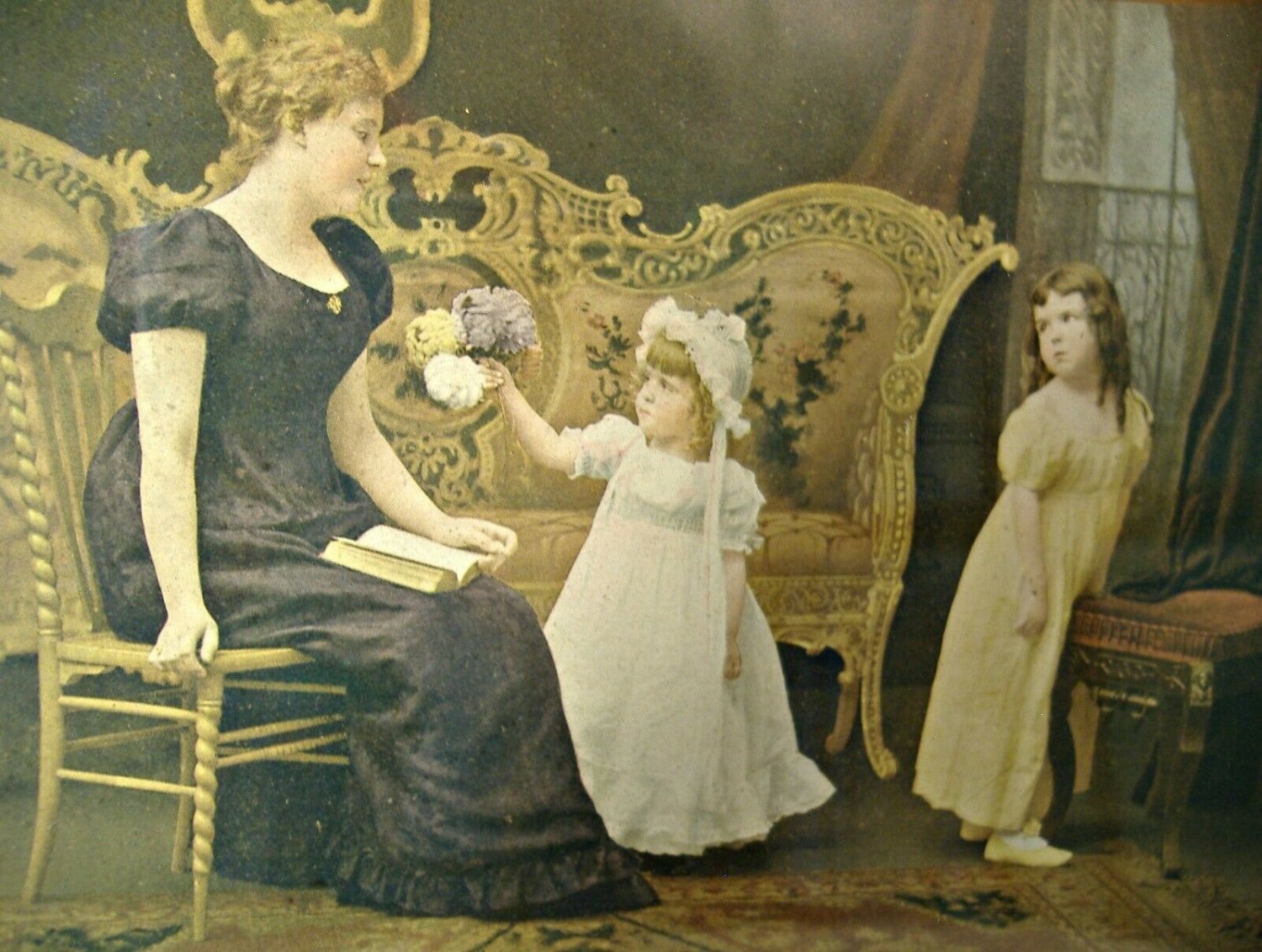 Antique Victorian Hand Colored Photograph Mother & Daughters Chicago 1901