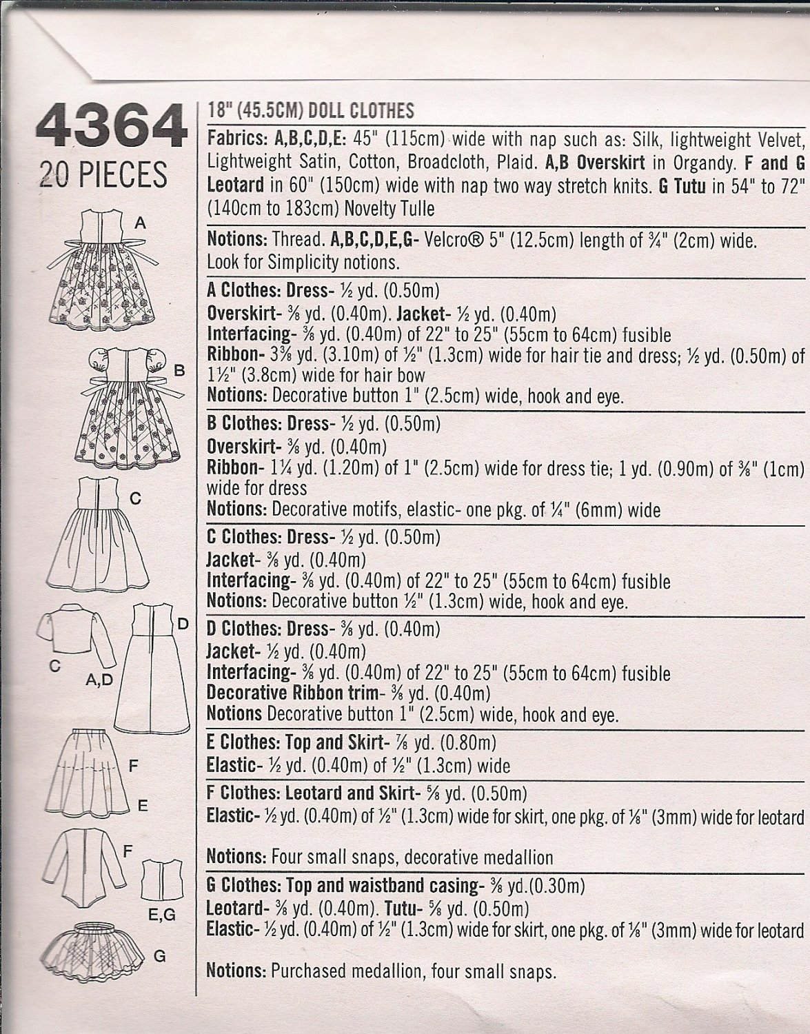18 Inch Doll Clothing - Simplicity 4364