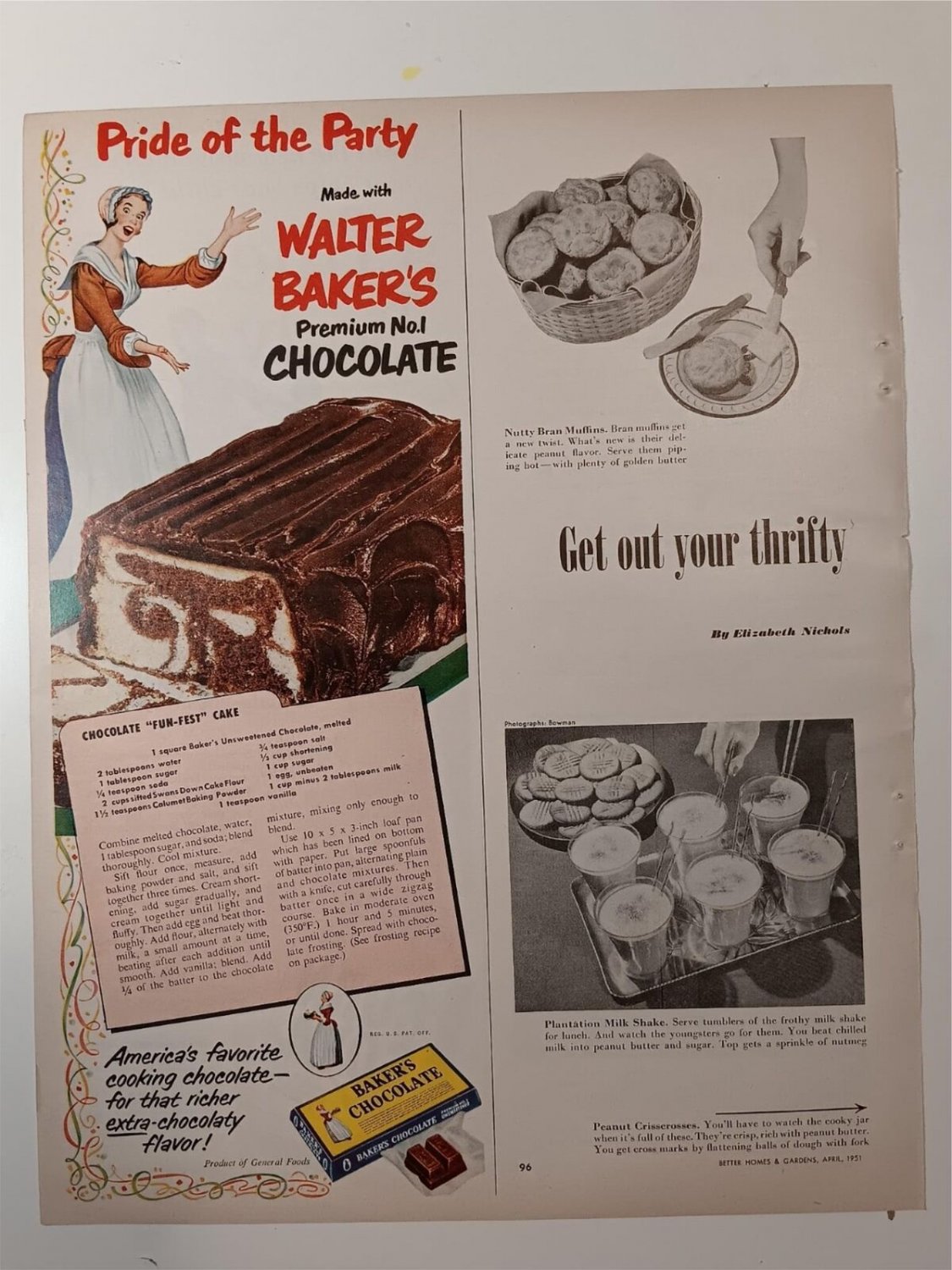 Vintage 2 Side Bakers Chocolate & Kelloggs 1/2 page Ad APRIL 1951 BH&G ...
