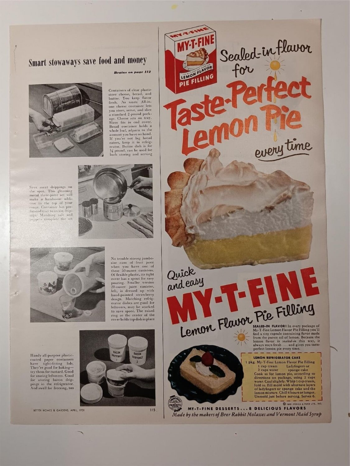 Vintage My-T-FINE Lemon Pie Filling 1/2 page Ad APRIL 1951 BH&G Magazine