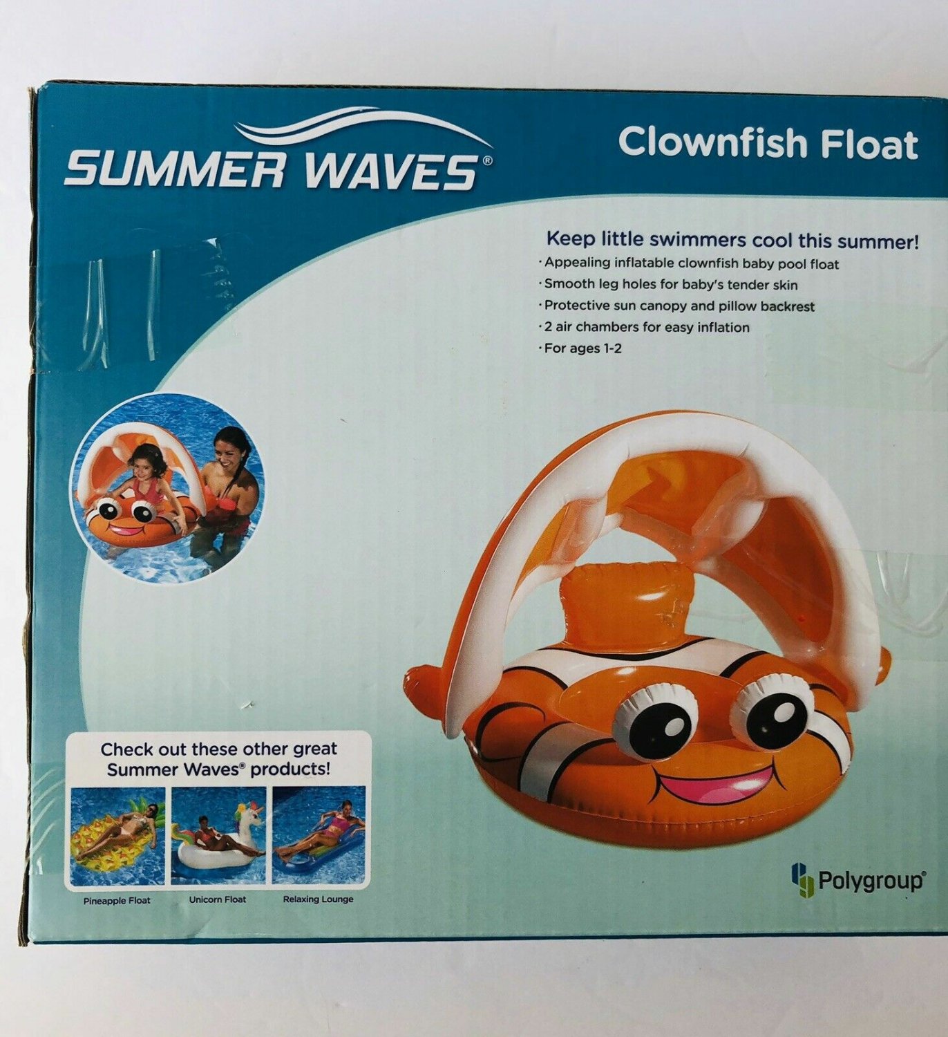 Clownfish Baby Pool Float Tube with Canopy Inflatable Beach Lake ages 1 ...