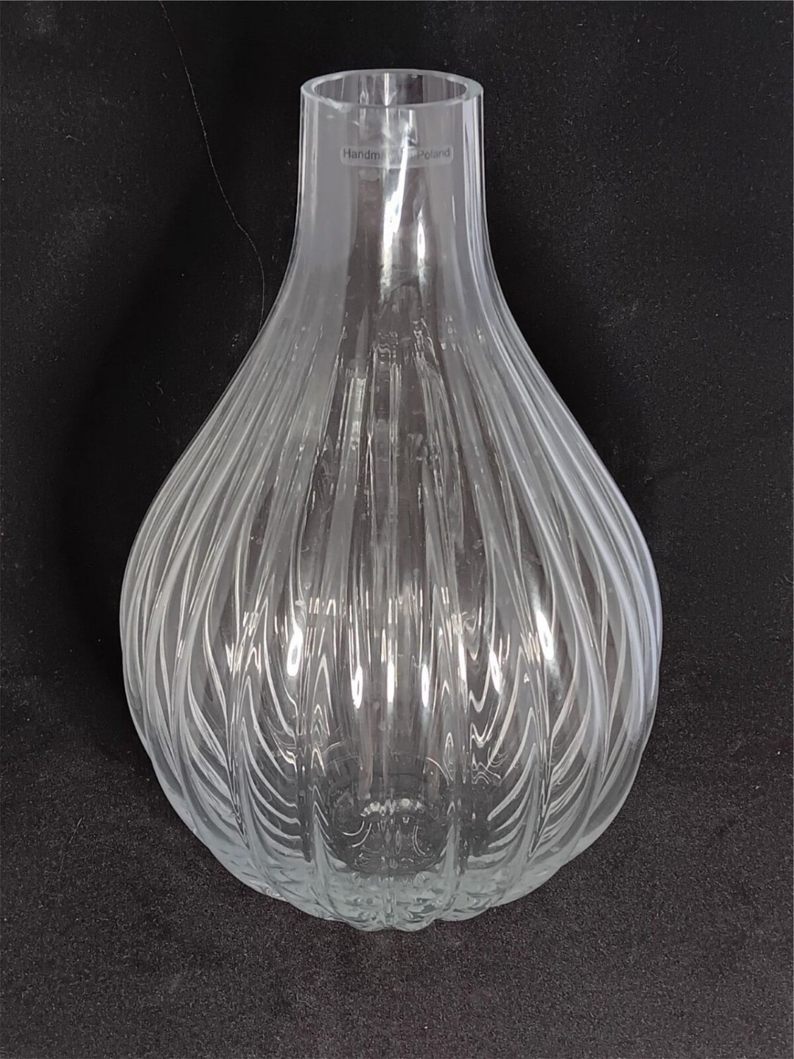Large Clear Glass Ribbed Fluted Vase, Handmade in Poland, 12 inches Tall