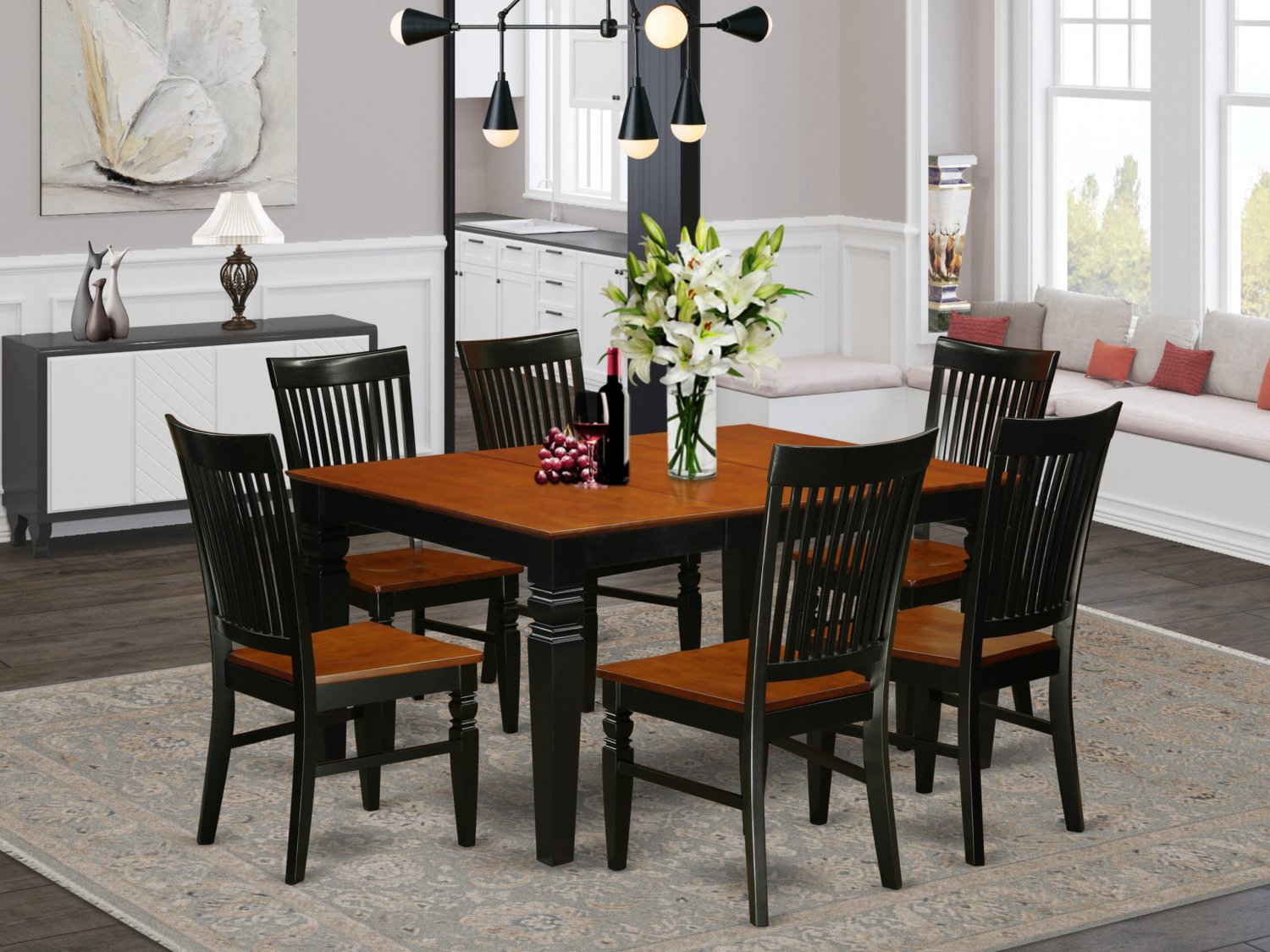 7pc Weston set rectangular dining table + 6 wood seat chairs in black ...