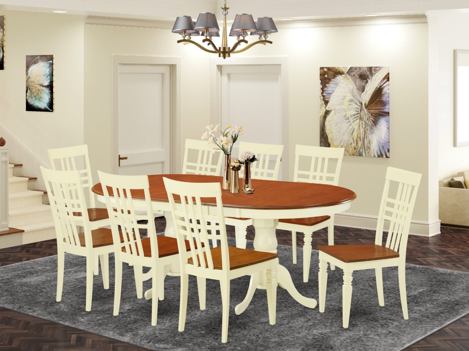 9pc Dining Set, Plainville oval pedestal table + 8 chairs in buttermilk ...