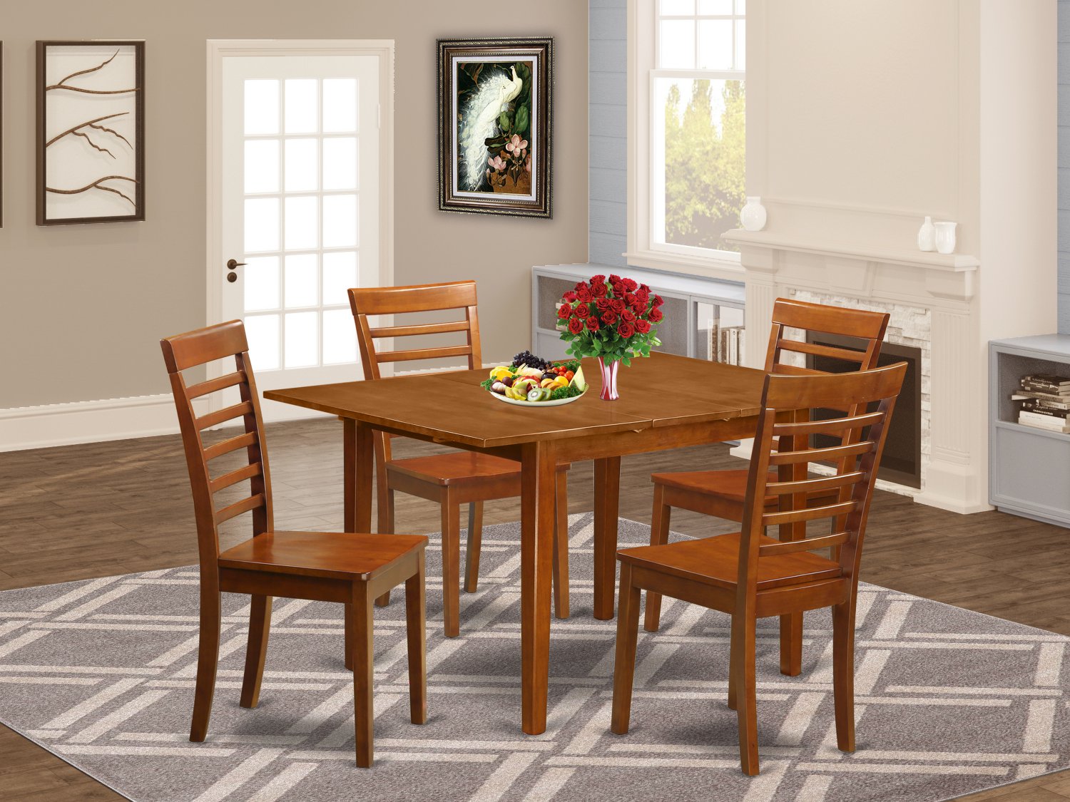 Milan Dinette Kitchen Set, Table 36"x 54" with 4 Chairs in Saddle Brown ...