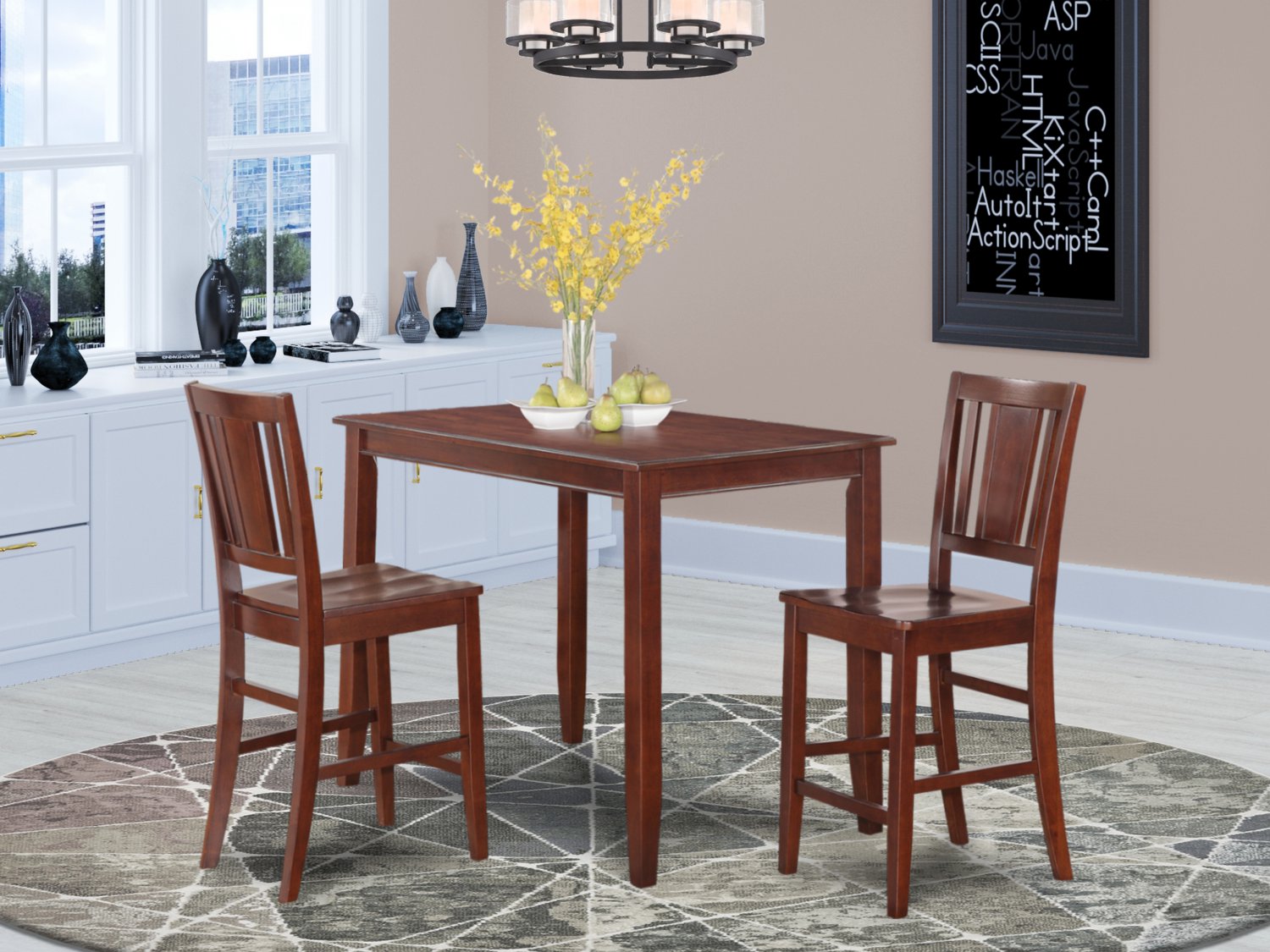 3pc Buckland rectangular counter height table + 2 wood seat chairs in ...