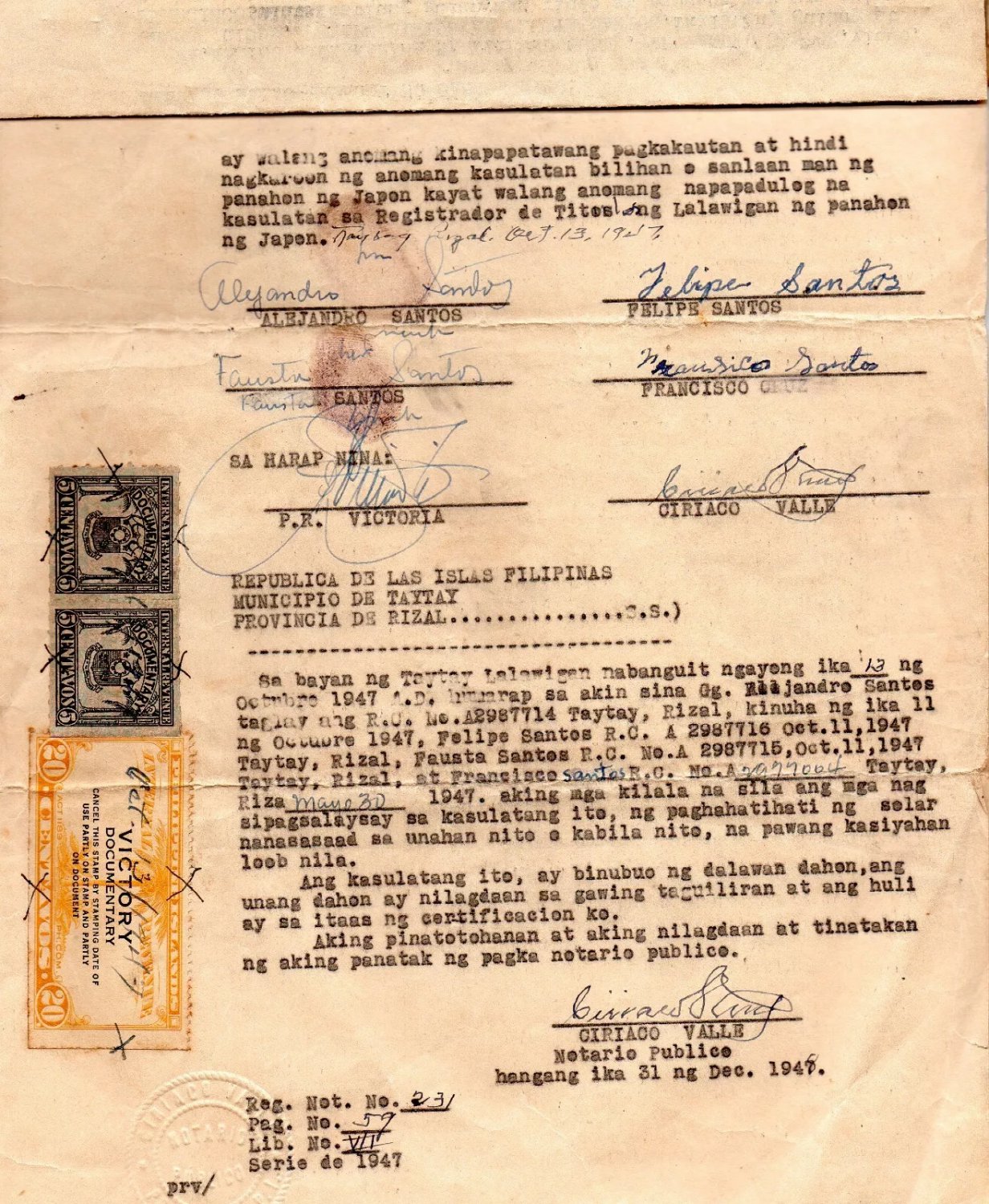 PHILIPPINES 1947 Notarized Documents with Documentary Stamps TAGALOG Unique