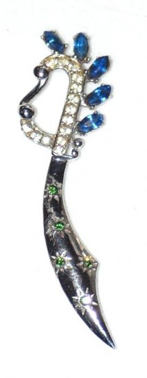 Vintage Scimitar Sword Brooch Blue Green Crystal Jeweled Silvertone Pin