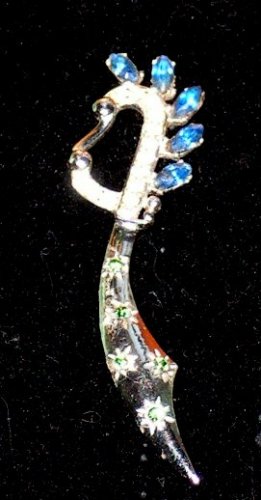 Vintage Scimitar Sword Brooch Blue Green Crystal Jeweled Silvertone Pin