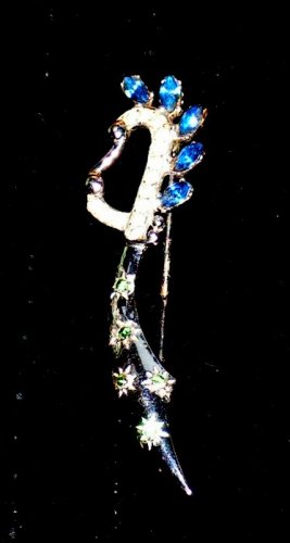 Vintage Scimitar Sword Brooch Blue Green Crystal Jeweled Silvertone Pin