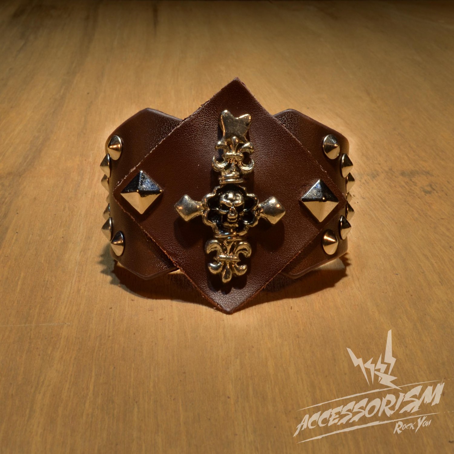 Free Shipping Gothic Skull Cross Spike Stud Brown Leather Wristband ...