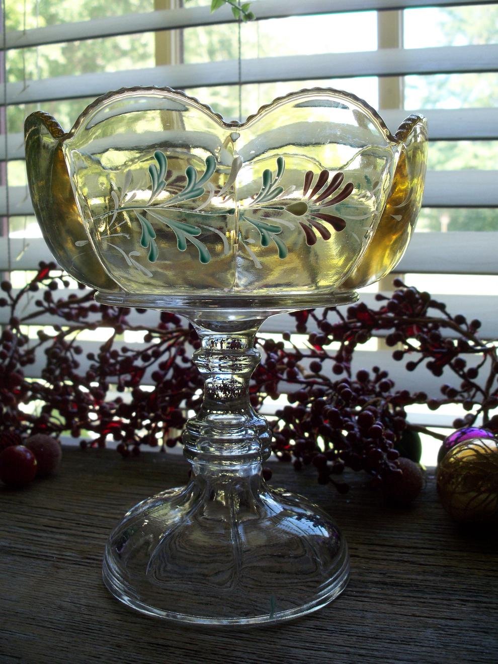 Antique Victorian Hand Painted Iridescent Open Compote