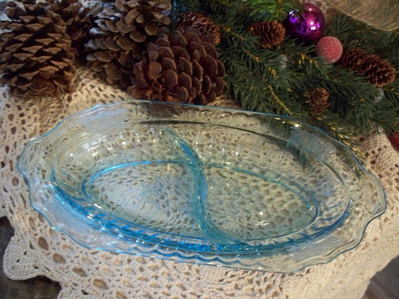Anchor Hocking 10" MAYFAIR Blue Depression Glass Divided Celery Dish