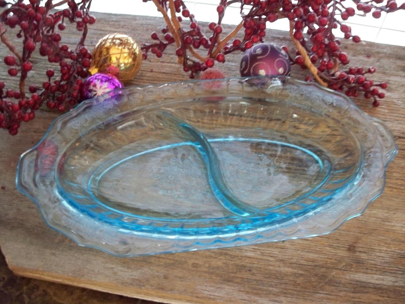 Anchor Hocking 10" MAYFAIR Blue Depression Glass Divided Celery Dish