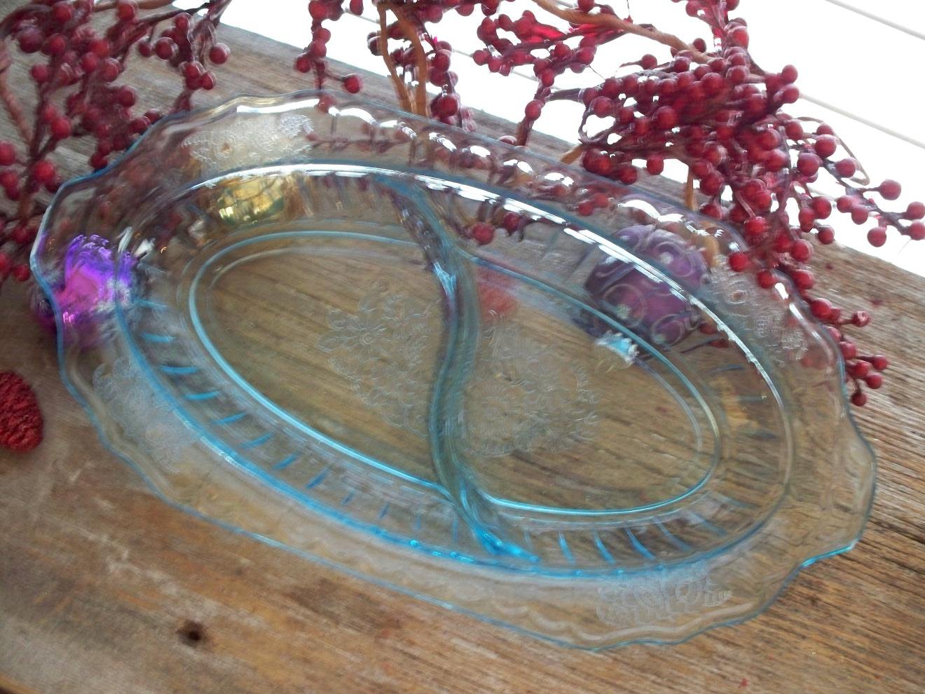 Anchor Hocking 10" MAYFAIR Blue Depression Glass Divided Celery Dish