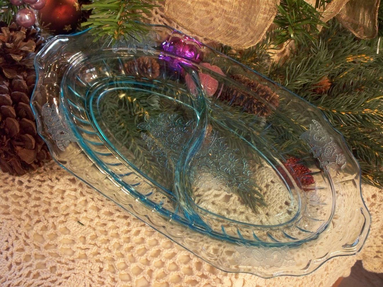 Anchor Hocking 10" MAYFAIR Blue Depression Glass Divided Celery Dish