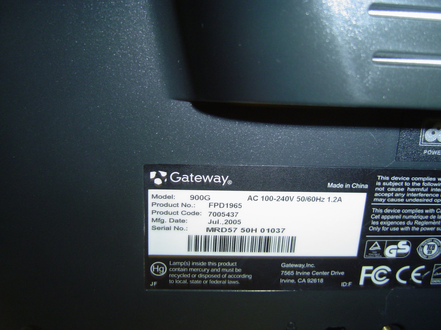 Used Gateway FPD1965 900G 19 inch LCD Monitor