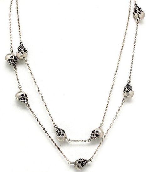 Skull Necklace Long Chain Goth Gothic Emo Punk Antique Silver Skeleton ...
