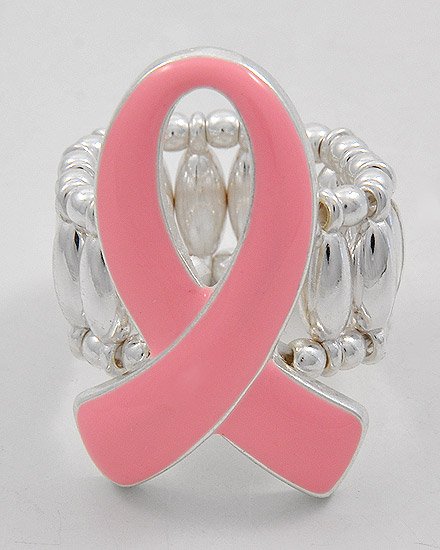 Breast Cancer Pink Ribbon Ring Awareness Statement Stretch Silver
