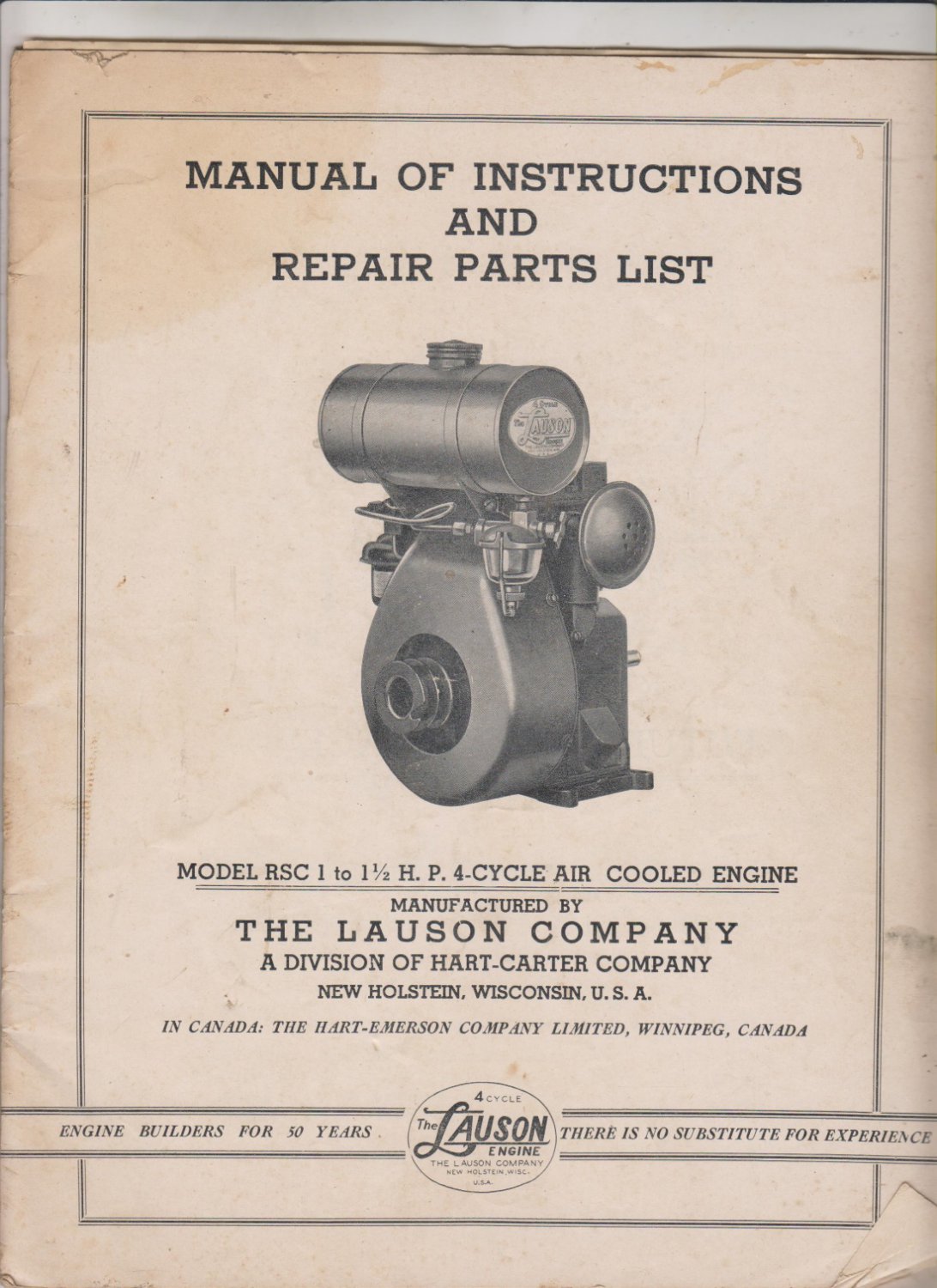Original LAUSON Company Model RSC 1 to 1 1/2 HP 4 Cycle Engine Instructions