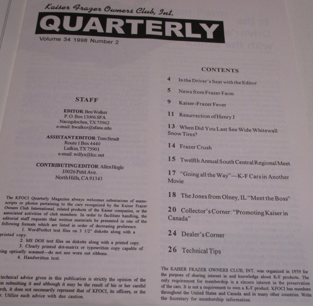 Kaiser Frazer Owners Club INT Quarterly Volume 34 1998 No 2
