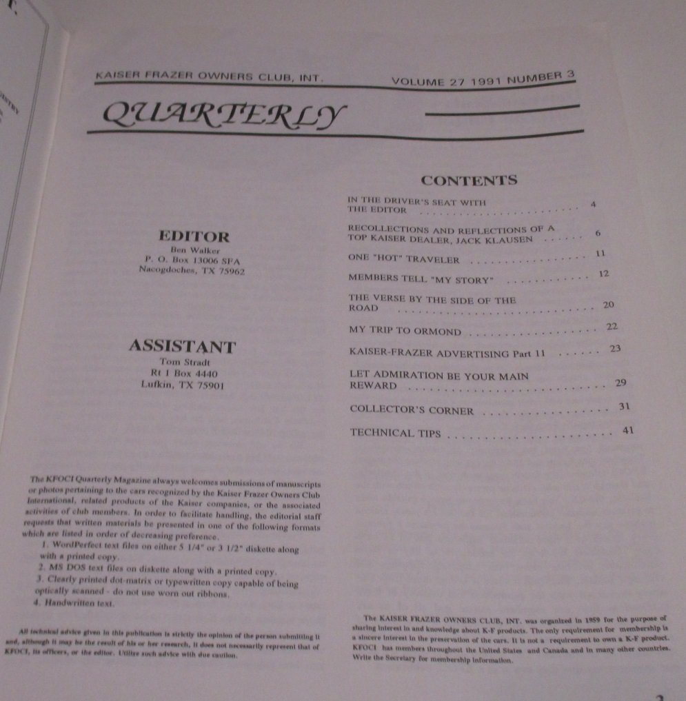 Kaiser Frazer Owners Club INT Quarterly Volume 27 1991 No 3