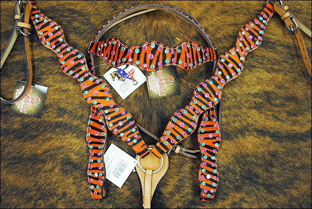HEADSTALL WESTERN RHINESTONE ZEBRA HAIR ON LEATHER HORSE BREAST COLLAR N0S
