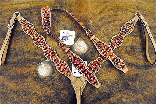 WESTERN RHINESTONE HAIR ON ZEBRA LEATHER ONE EAR HORSE HEADSTALL BREAST ...