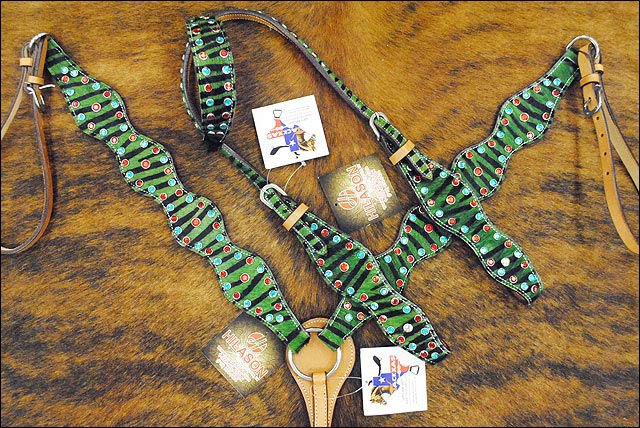 WESTERN ZEBRA HAIR ON LEATHER ONE EAR HORSE HEADSTALL BREAST COLLAR ...