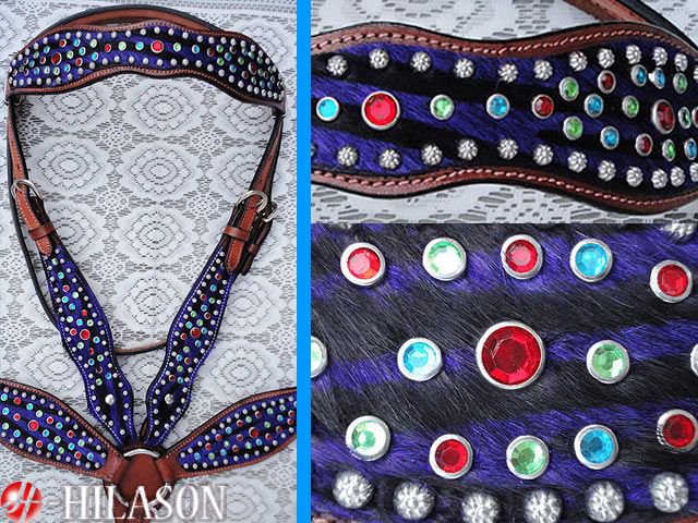 WESTERN BLUE ZEBRA HAIR ON LEATHER HORSE HEADSTALL BREAST COLLAR ...