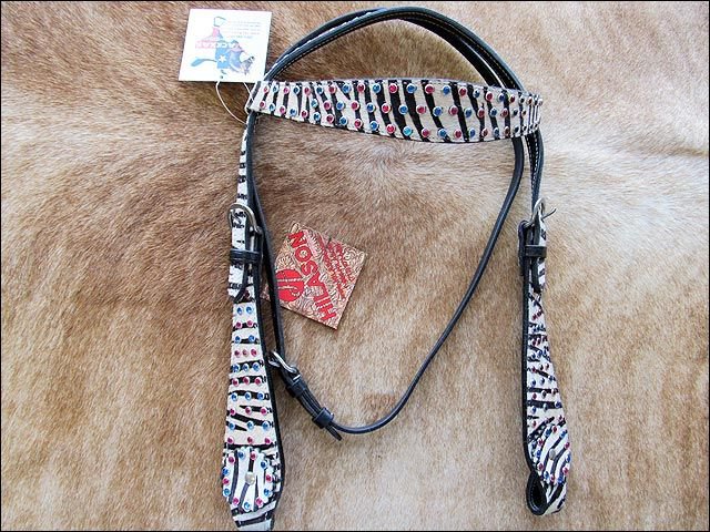 HILASON WESTERN RHINESTONE ZEBRA HAIR ON LEATHER HORSE BRIDLE HEADSTALL ...