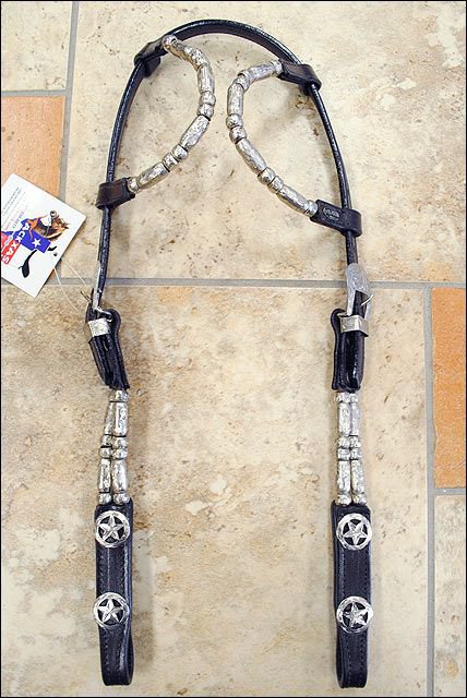 WESTERN LEATHER SHOW TACK ENGRAVED SILVER FERRULES TWO EAR HEADSTALL ...
