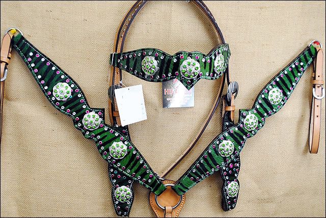 HILASON WESTERN GREEN ZEBRA HAIR ON LEATHER HORSE HEADSTALL BREAST ...