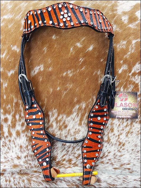 HILASON WESTERN ORANGE ZEBRA PRINT LEATHER HORSE BRIDLE HEADSTALL 411HSS