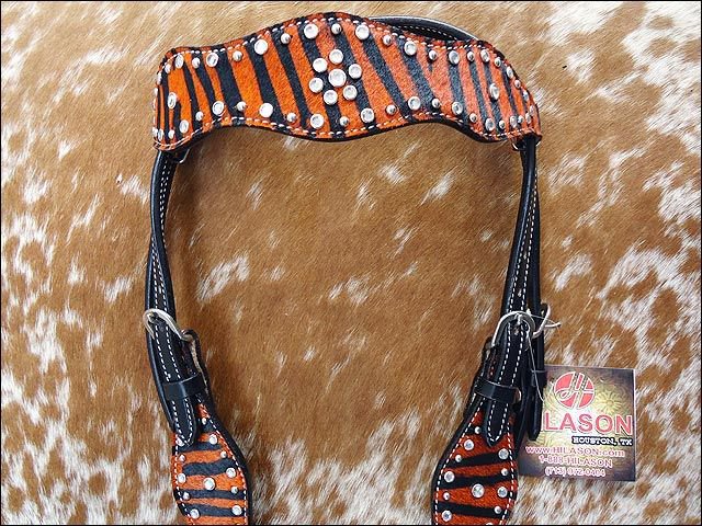 HILASON WESTERN ORANGE ZEBRA PRINT LEATHER HORSE BRIDLE HEADSTALL 411HSS