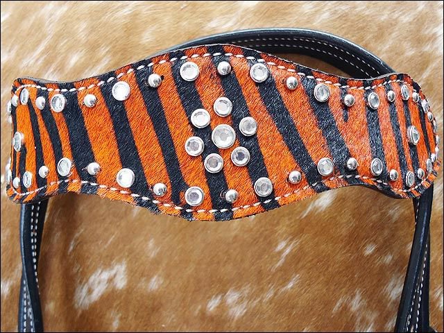 HILASON WESTERN ORANGE ZEBRA PRINT LEATHER HORSE BRIDLE HEADSTALL 411HSS