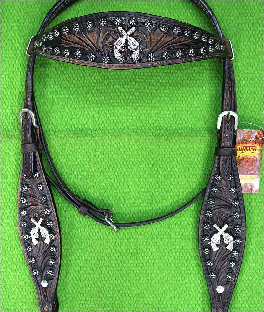 HILASON WESTERN LEATHER HORSE HEADSTALL BLACK CROSS GUN CONCHO
